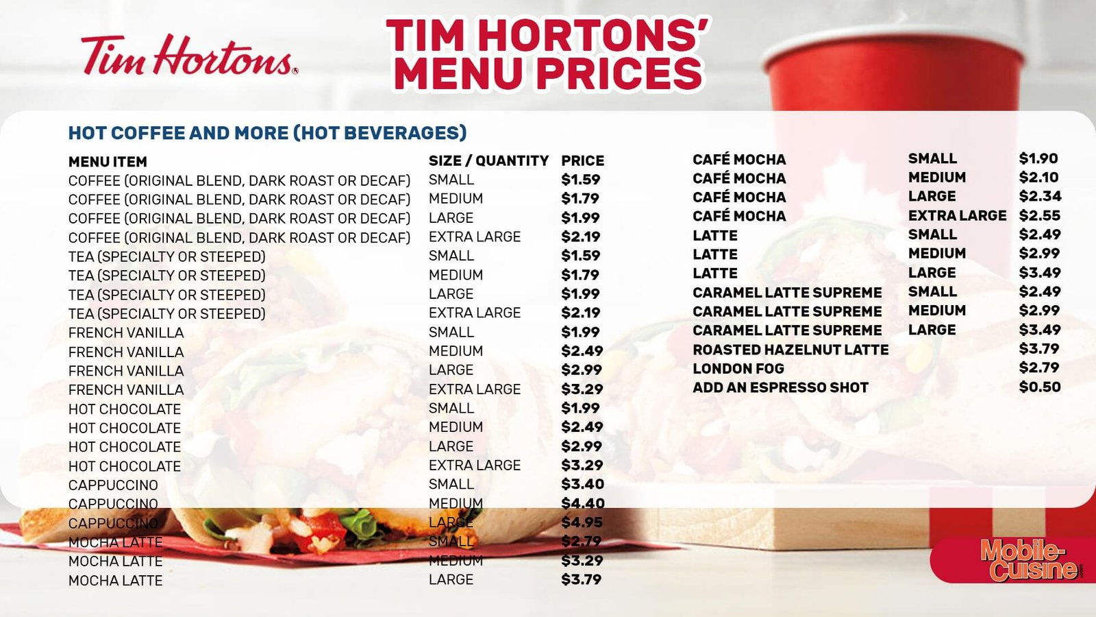 Tim Hortons Coffee Menu 2025 | Hot, Iced & Drinks Prices